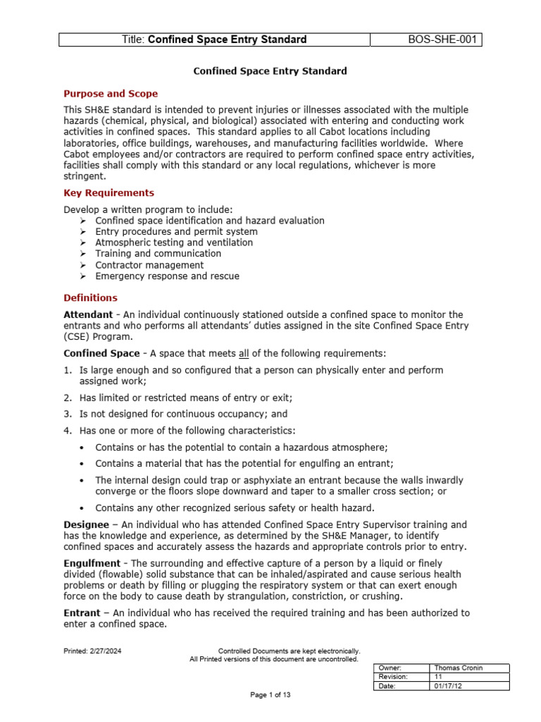 BOS-SHE-001 Confined Space Entry Standard | PDF | Ventilation (Architecture) | Hazards
