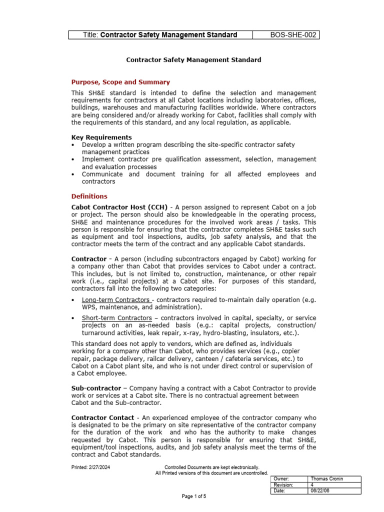 BOS-SHE-002 Contractor Safety Management Standard | PDF | Employment | Risk