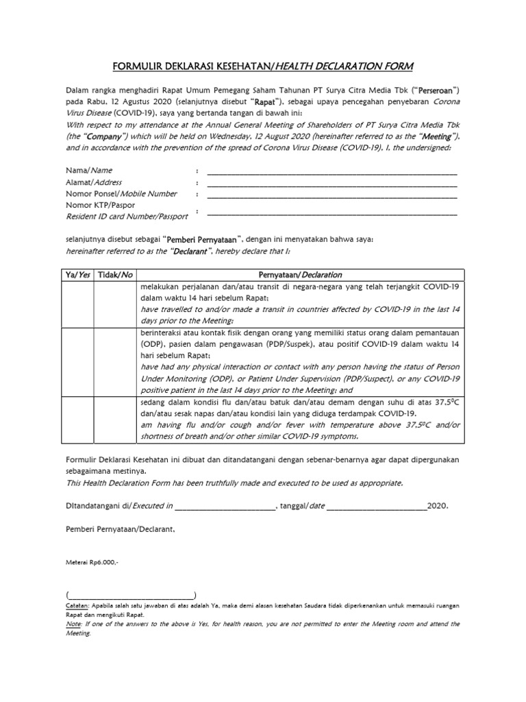 Formulir Deklarasi Kesehatan | PDF | Bisnis