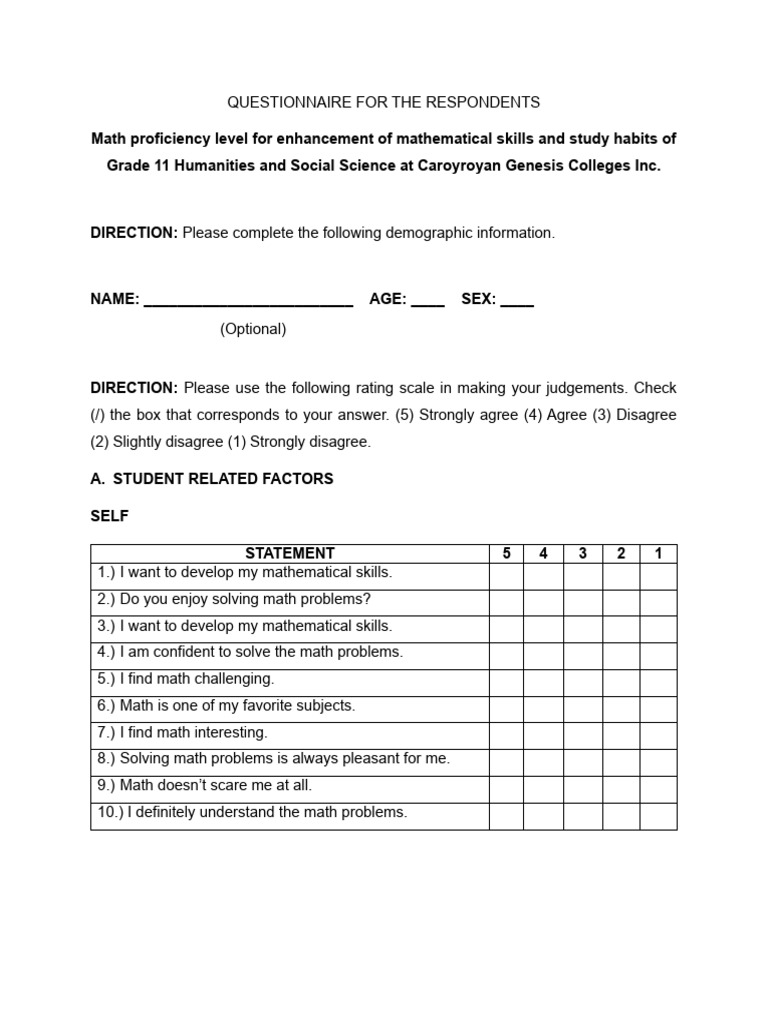 Questionnaire For The Respondents | PDF | Teaching Mathematics | Teachers