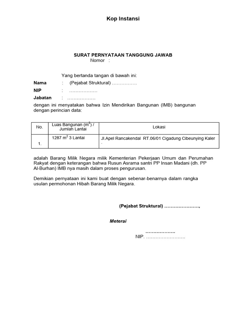 Surat Pernyataan Tanggung Jawab IMB | PDF