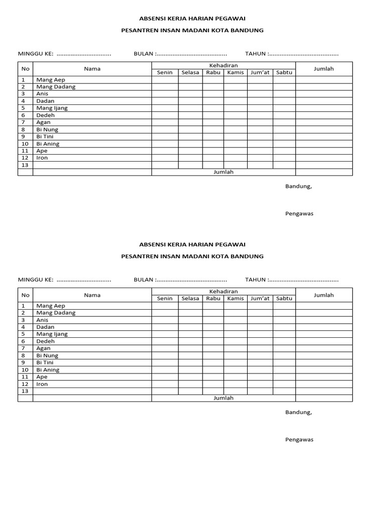 ABSENSI KERJA HARIAN PEGAWAI Pasantren | PDF