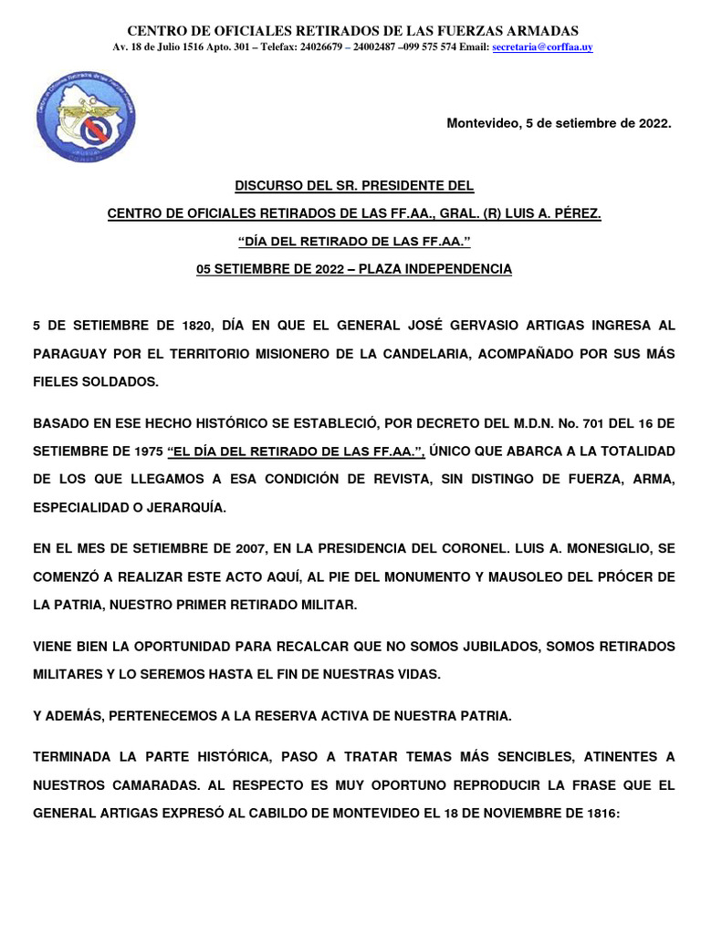 Discurso Día Del Retirado de Las FFAA | PDF | Gobierno