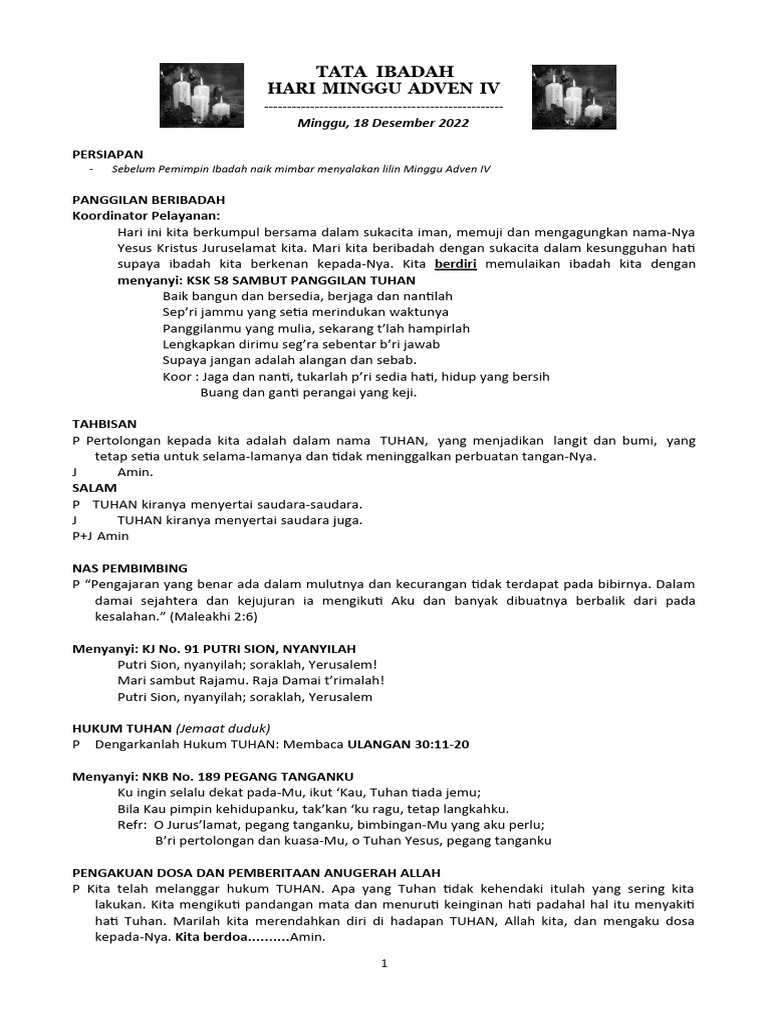 Tata Ibadah Hari Minggu Adven Iv 18 Desember 2022 | PDF