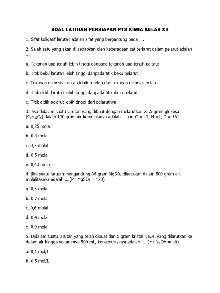 Soal Latihan Persiapan PTS Kimia Xii | PDF