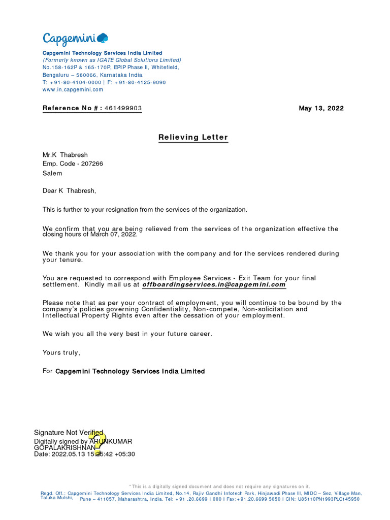 Thabresh Relieving Letter | PDF