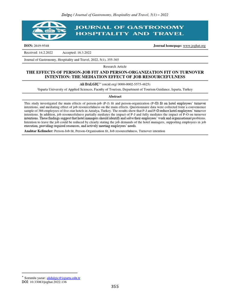 The Effects of Person-Job Fit and Person-Organization Fit On Turnover ...
