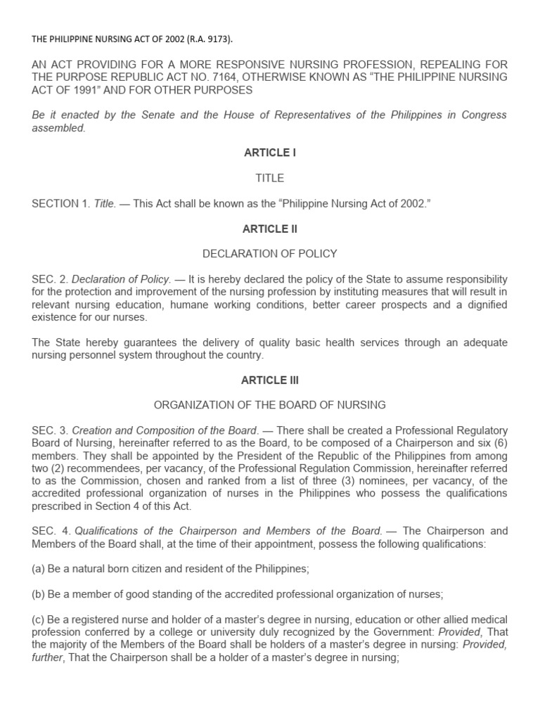 Philippine Nursing Act of 2002 Overview | PDF | Nursing | Licensure