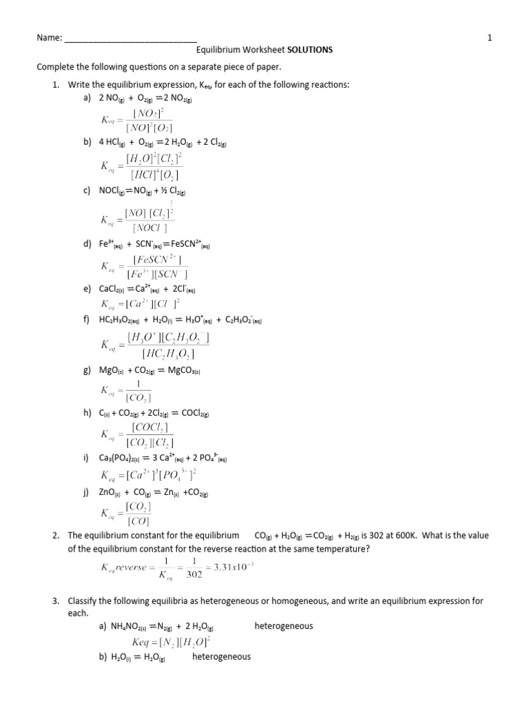 Equilibrium Constant Calculations Worksheet | PDF | Nitrogen | Nitrogen Dioxide