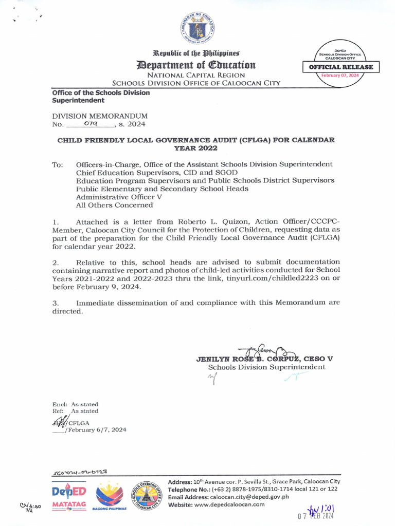 DM No. 079, S. 2024 - Child Friendly Local Governance Audit (CFLGA) For Calendar Year 2022 | PDF