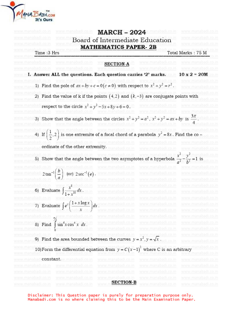 Inter 2nd Year Maths IIB (English Medium) 2024 Guess Paper | PDF | Ellipse | Differential Geometry