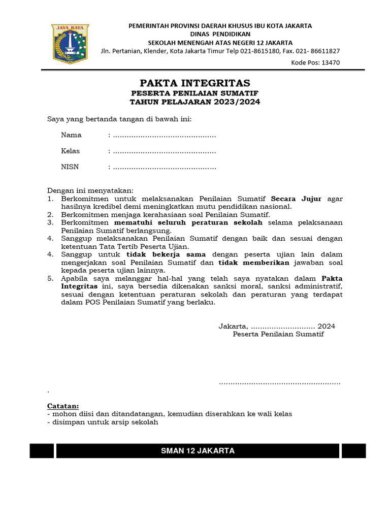 Pakta Integritas Penilaian Sumatif SMAN 12 Jakarta | PDF | Karier & Perkembangan