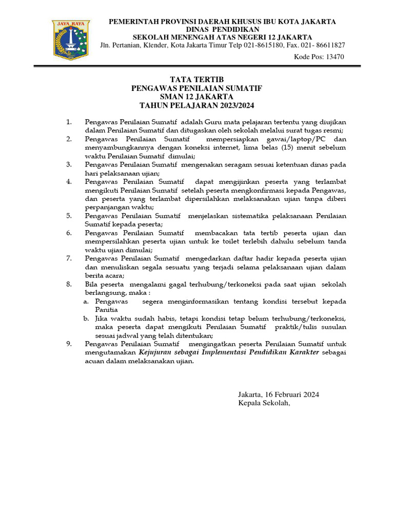 Tata Tertib Pengawas Penilaian Sumatif 2024 | PDF