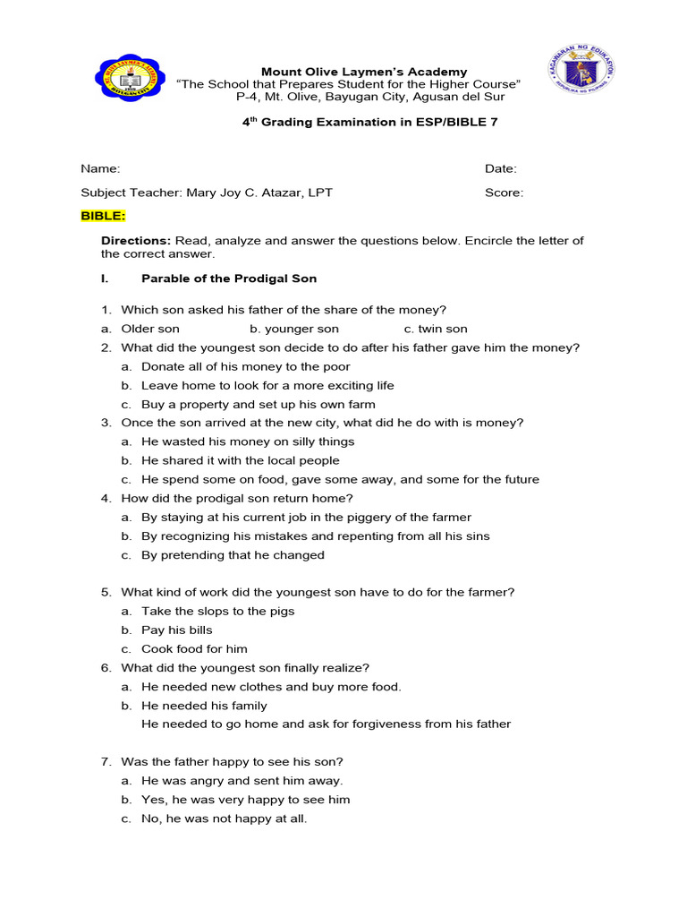 4th Grading Exam in BIBLE-ESP 9 Finale | PDF | Prayer