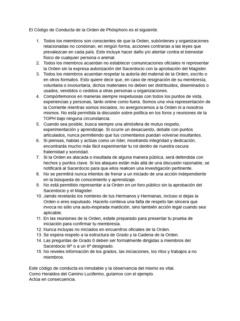 Código de Conducta - TOPH Grado 0 | PDF