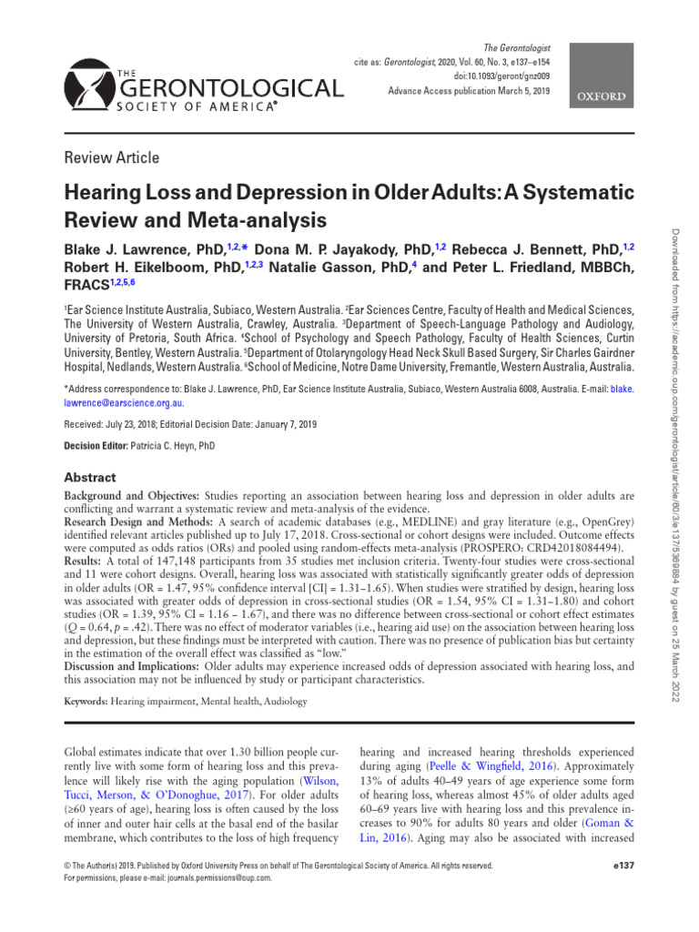 Hearing Loss and Depression in Older Adults A Systematic Review and ...