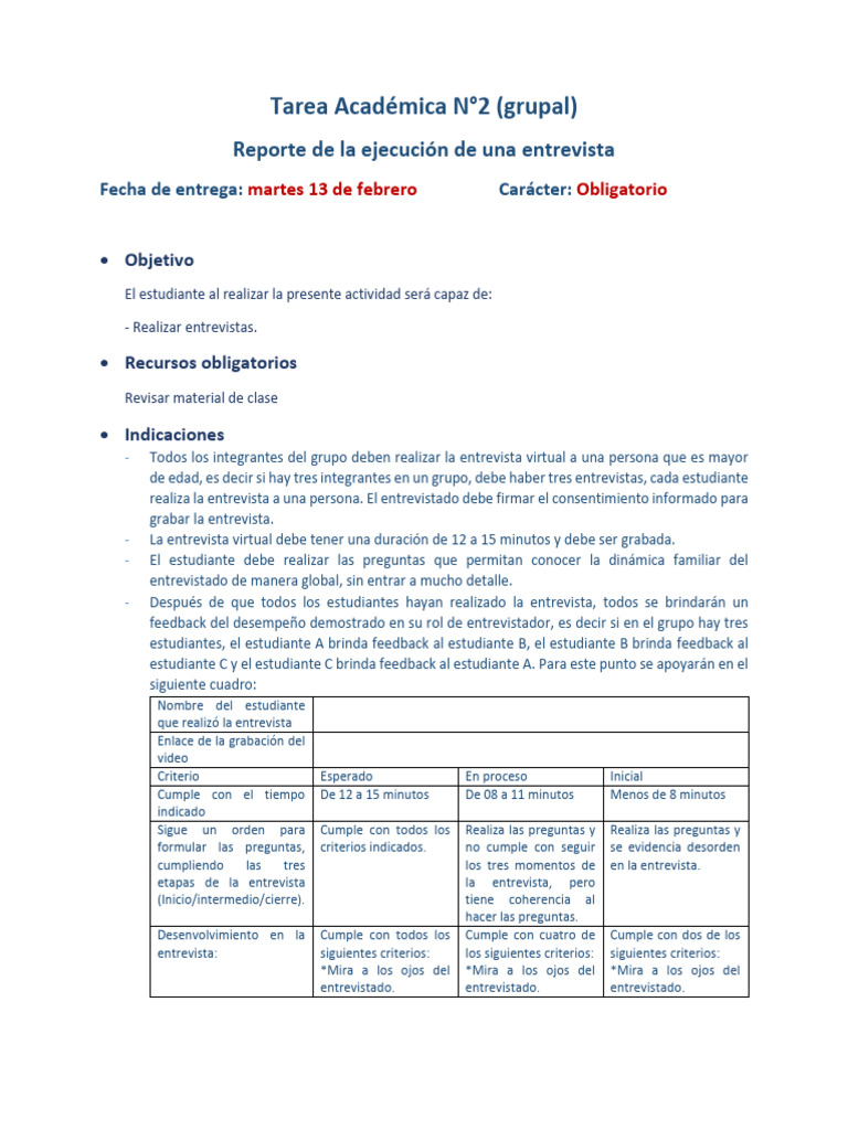 Indicaciones - Tarea Académica #2 - Observación y Entrevista | PDF Indicaciones - Tarea Académica #2 - Observación y Entrevista | PDF