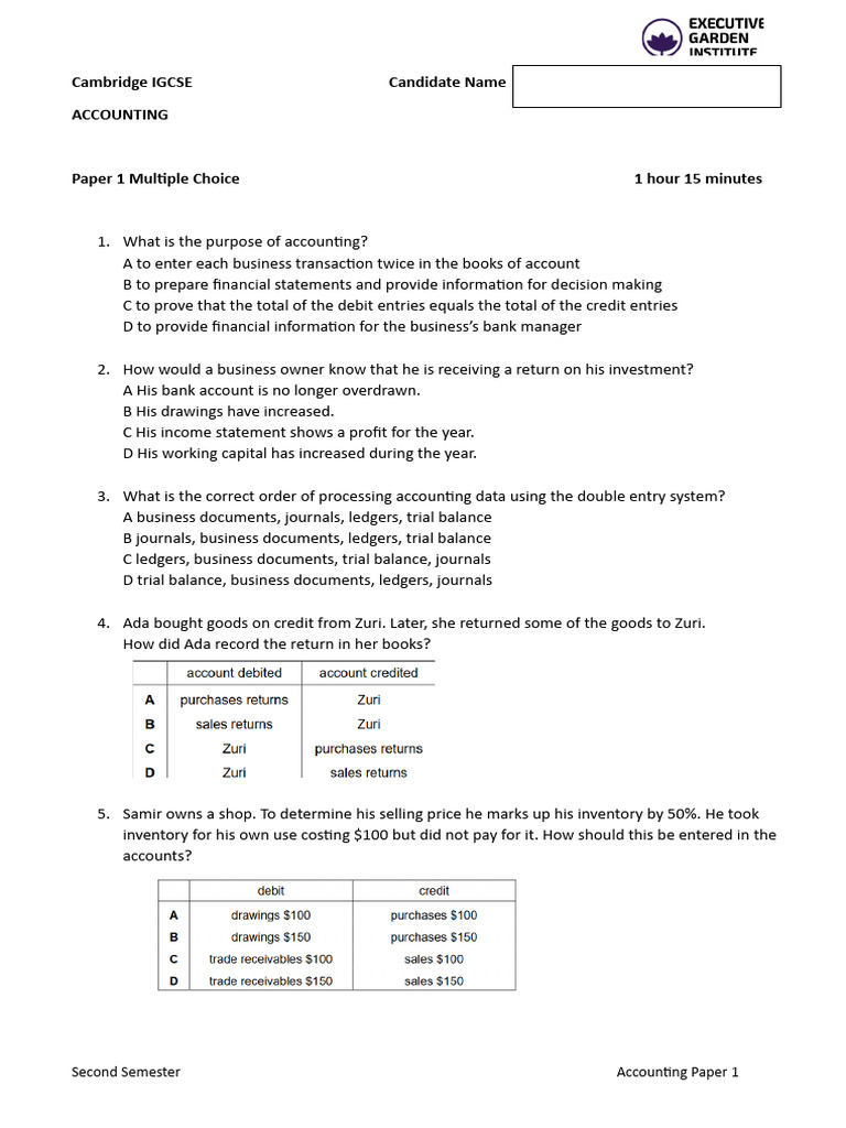 Second Semester Accounting Paper 1 | PDF | Debits And Credits | Bookkeeping
