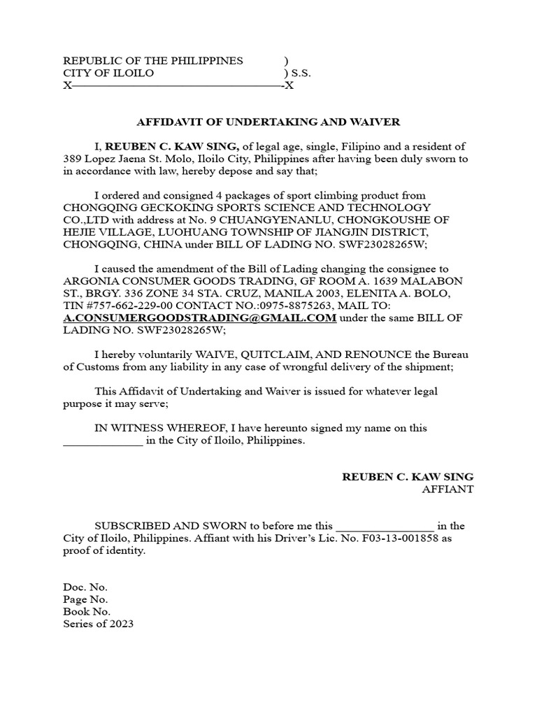 Affidavit of Undertaking and Waiver | PDF