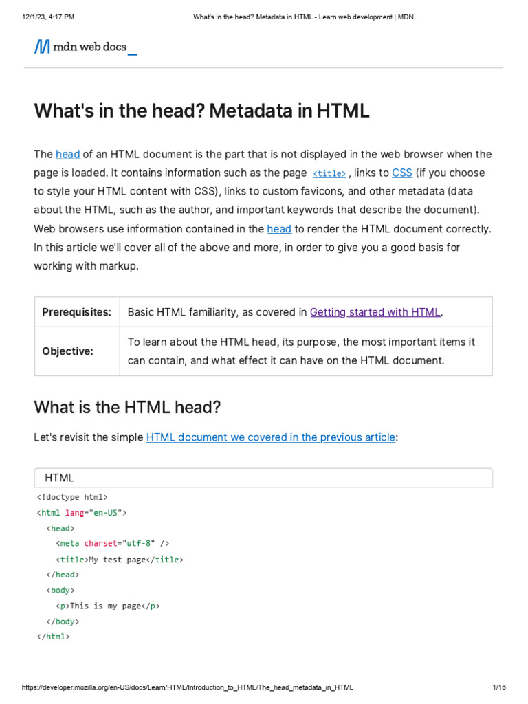 Whats In The Head Metadata In Html Learn Web Development Mdn Pdf Html World Wide Web 9415
