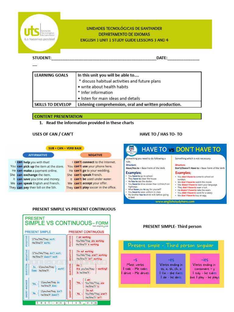 STUDY GUIDE ENGLISH 1 UNIT 1 2024 - Lessons 3 - 4 | PDF | Linguistics ...