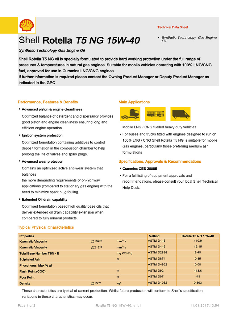 Shell Rotella T5 NG 15W 40 Datasheet | PDF | Liquefied Natural Gas ...