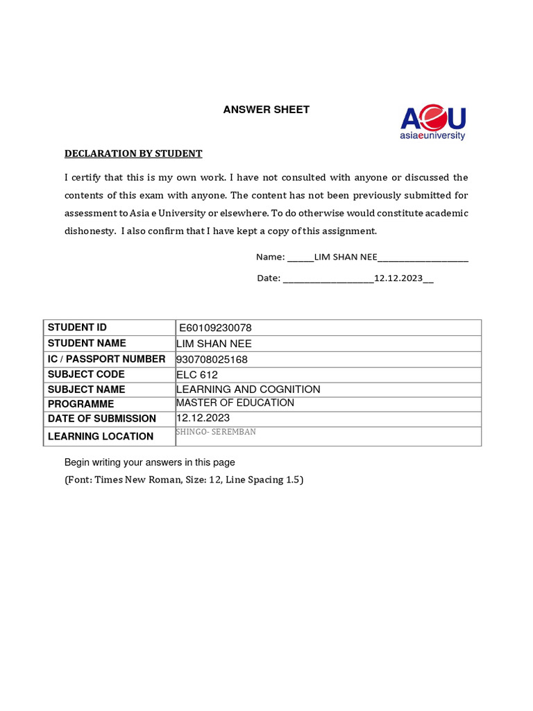 Answer Sheet Elc 612 | PDF | Intelligence (AI) & Semantics | Artificial Intelligence