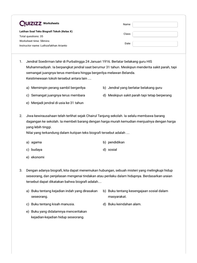 Latihan Soal Teks Biografi Tokoh Kelas X Quizizz Pdf