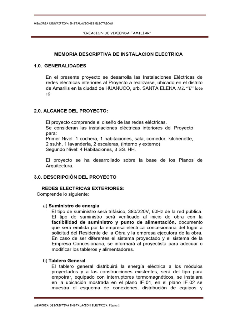 03 Memoria Descriptiva de Instalaciones Electricas | PDF | Poder (Física) | Materiales