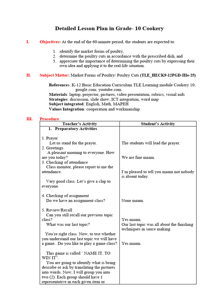 Grade 10 Cookery Lesson Plan: Poultry Cuts | PDF | Poultry | Meat