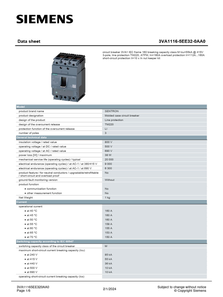 3VA11165EE320AA0 Datasheet en | PDF | Electrical Equipment | Physical Sciences
