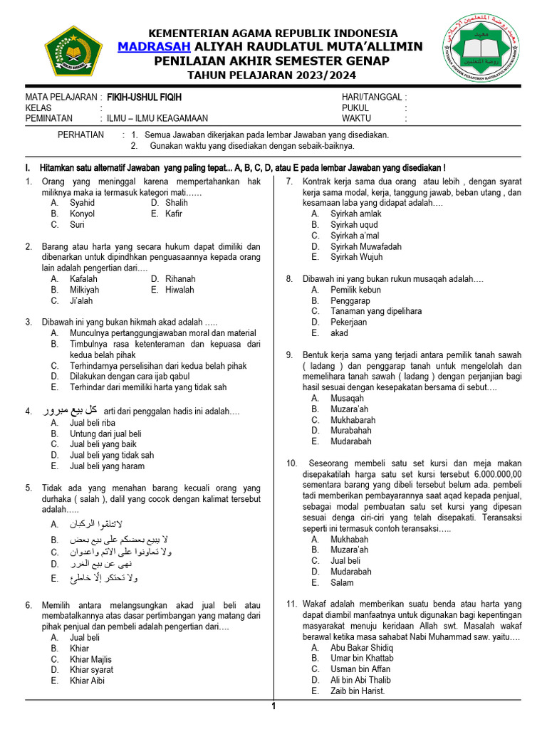 Soal PAT Kelas XII Ushul Fiqh 2023-2024 | PDF