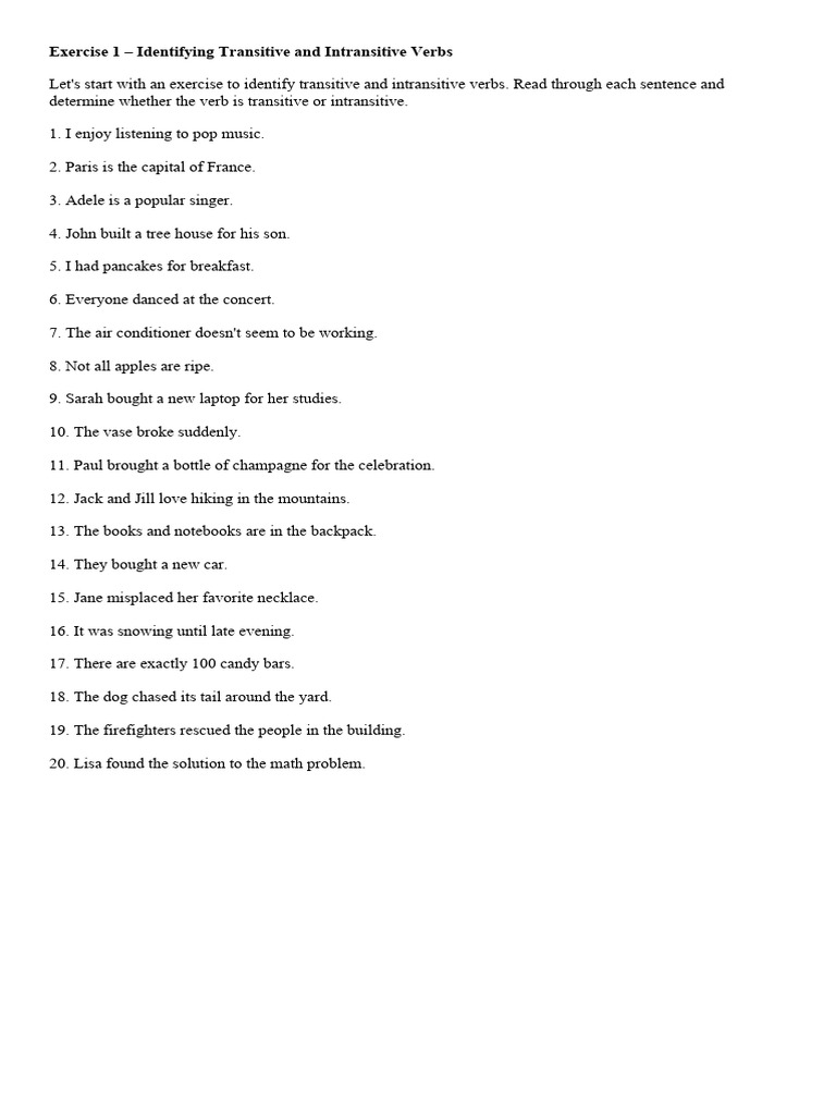 Exercise Transitive and Intransitive Verb | PDF | Verb