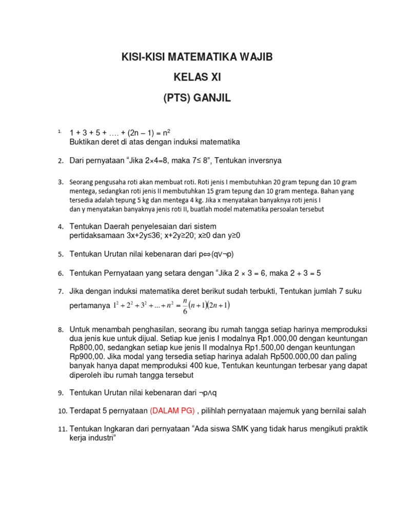 Kisi-Kisi Matematika Kelas XI | PDF | Metode & Bahan Ajar