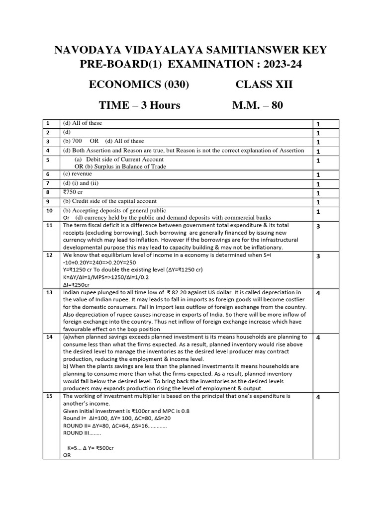 Economic Answer Key Class-Xii Set-I | PDF | Taxes | Employment