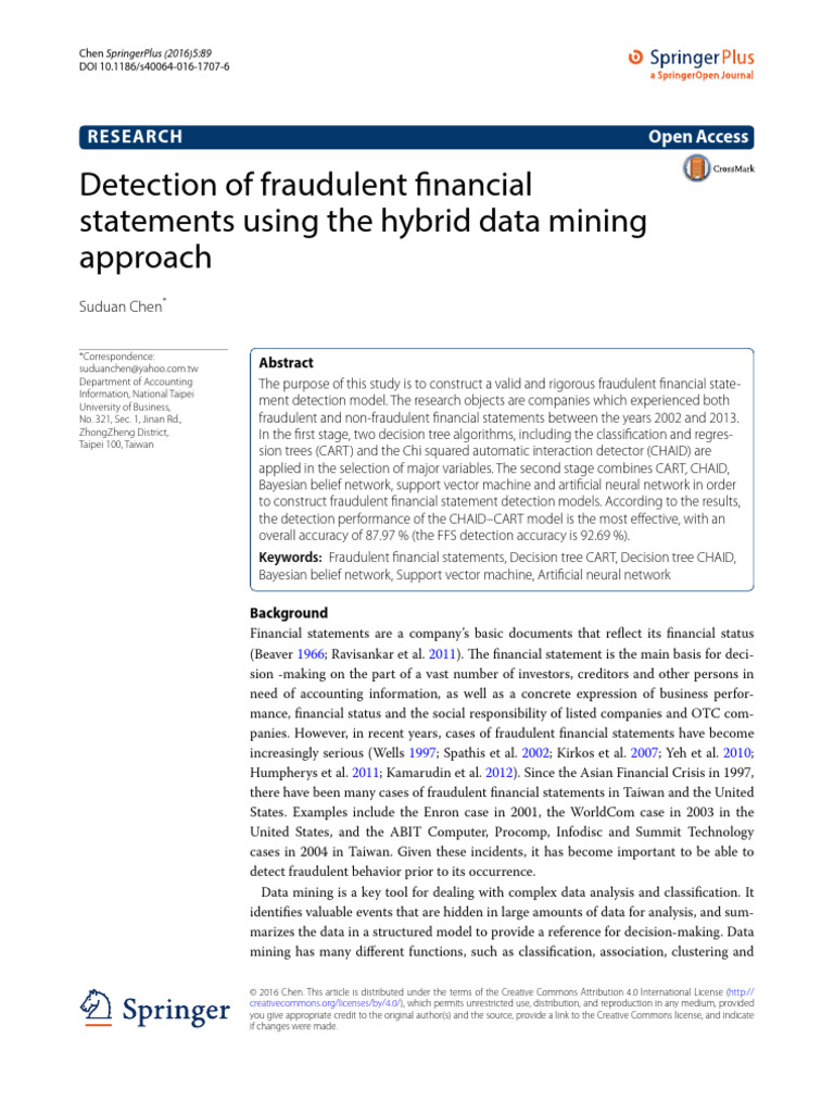 Detection of Fraudulent Financial Statements Using The Hybrid Data Mining Approach | PDF ...