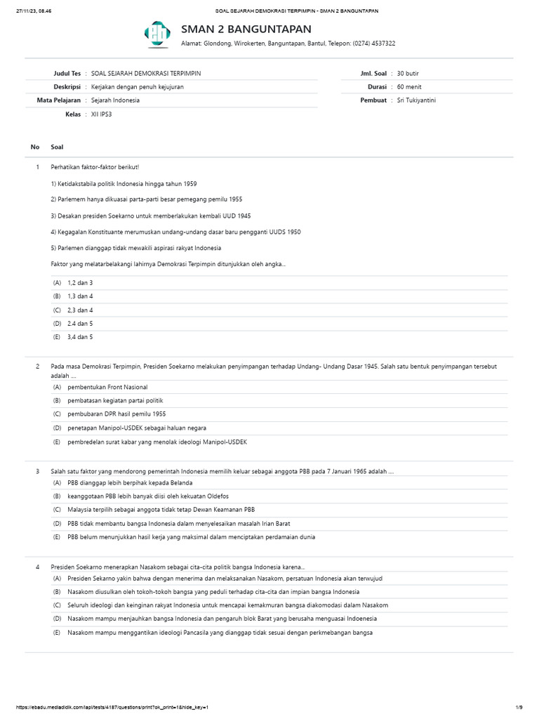 Soal Sejarah Demokrasi Terpimpin - Sman 2 Banguntapan | PDF