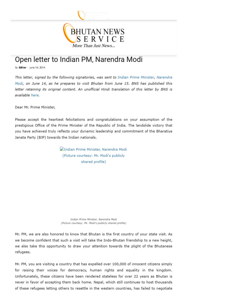 Open Letter to PM Modi on Bhutan Refugees | PDF | Narendra Modi | Bhutan