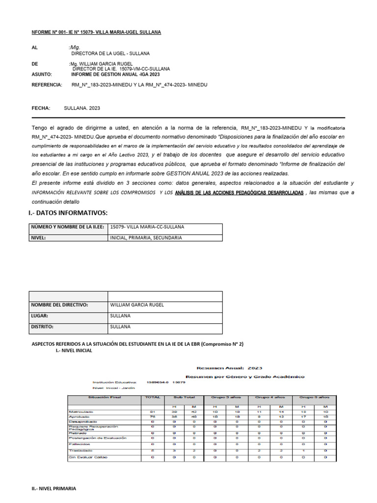 Informe 001 2024 Fin Año | PDF | Enseñando | Aprendizaje