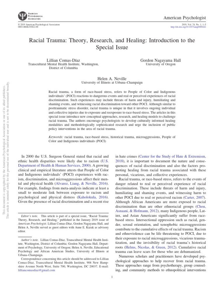 Racial Trauma: Theory, Research, and Healing: Introduction To The ...