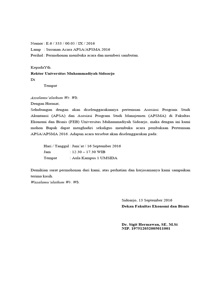 Surat Ke Rektor Permohonan Membuka Acara | PDF