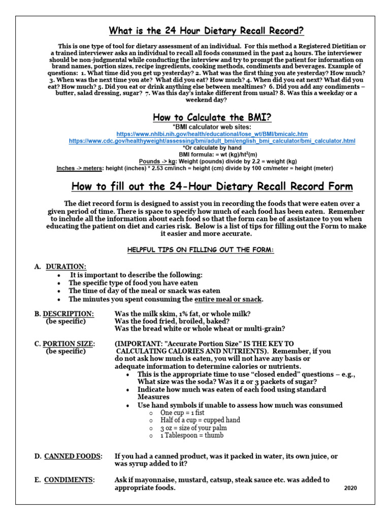 24-hr Dietary Recall Assignment Form-1 | PDF | Food And Drink | Foods