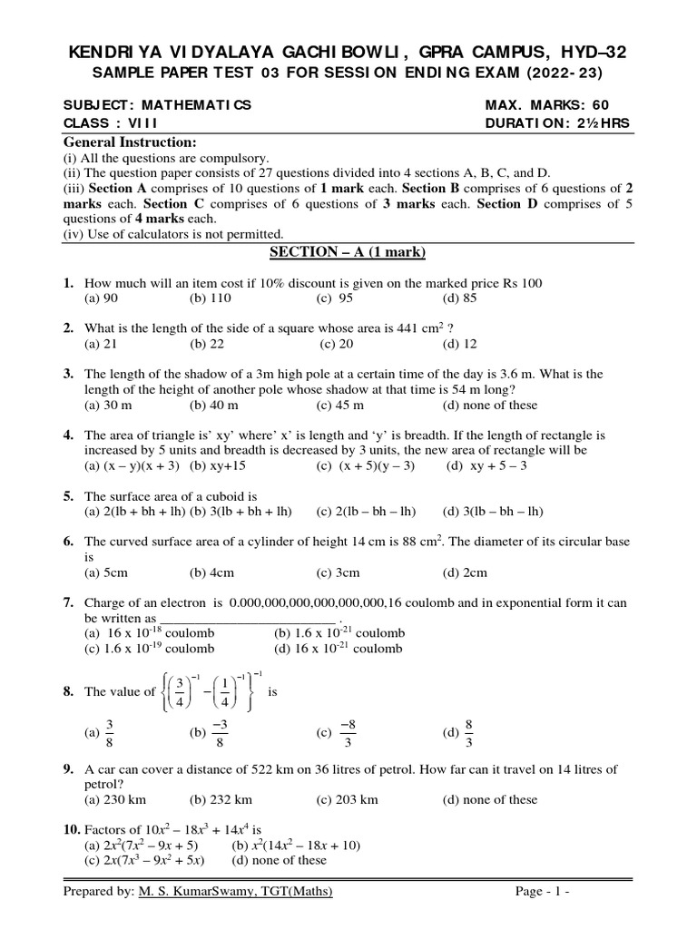 Maths Class Viii Sample Paper Test 03 For See 2023 | PDF | Area