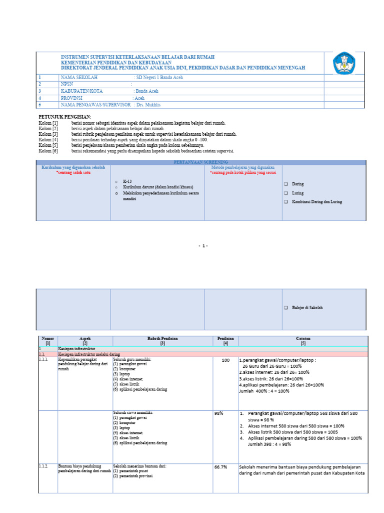 Lembar Kerja Instrumen Supervisi BDR | PDF
