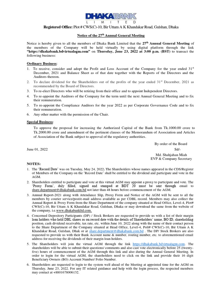 Notice of 27th AGM | PDF | Dividend | Private Law