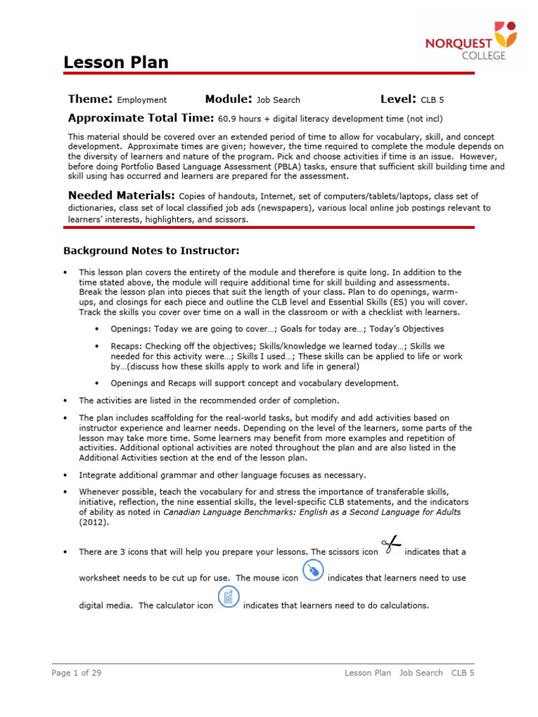 2 Lesson Plan Job Search CLB 5 | Download Free PDF | Vocabulary | Learning