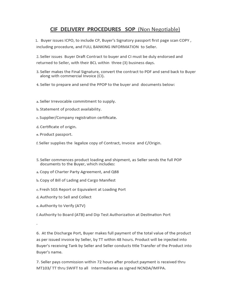 Cif Dlivery Procedures Sop 120623 | PDF
