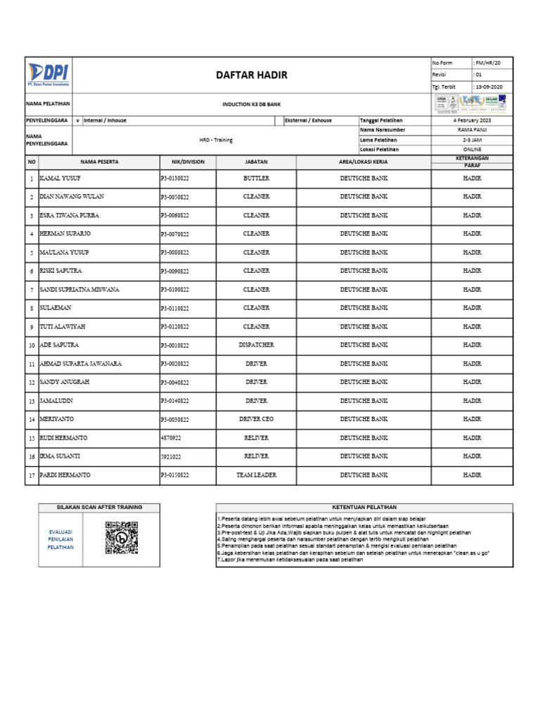 DPI's Attendance List HSE Training-Online | PDF