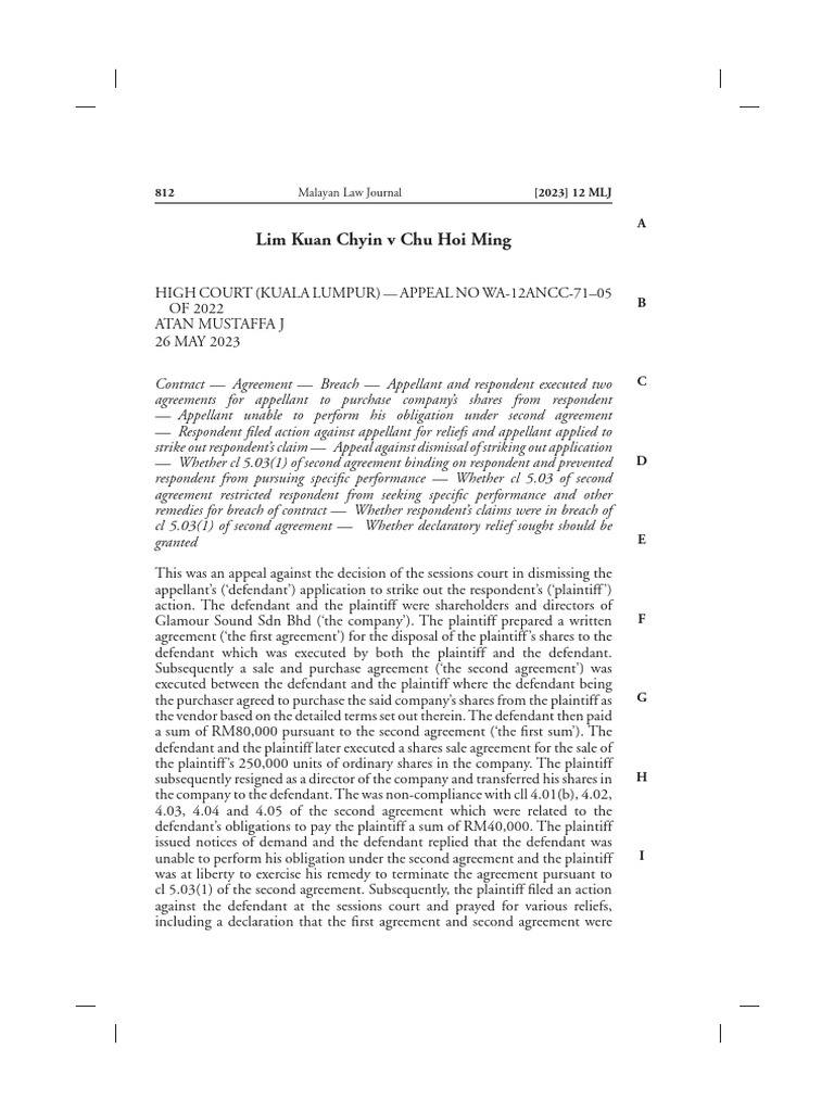 Lim Kuan Chyin V Chu Hoi Ming, (2023) 12 MLJ 812 - Attachment1 | PDF | Legal Remedy | Damages