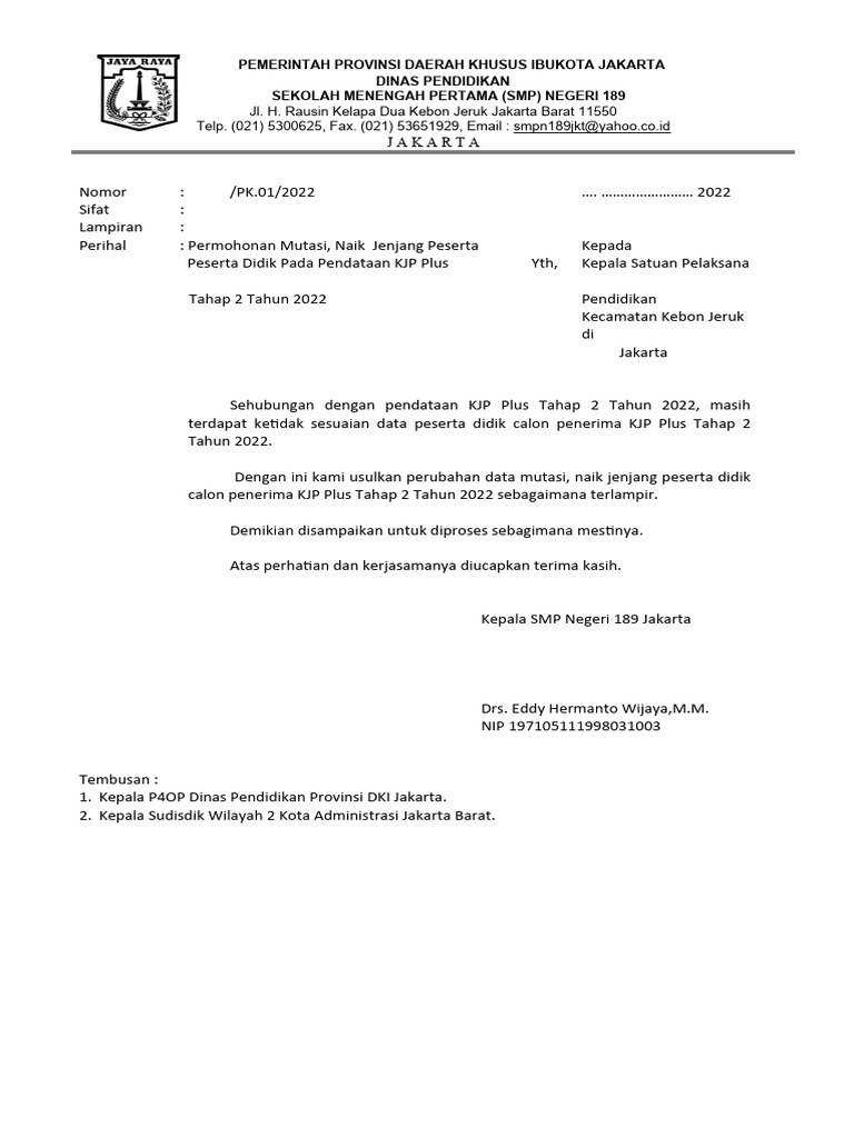 Contoh Usul Mutasi-Pindah Jenjang Siswa Pada KJP Plus | PDF